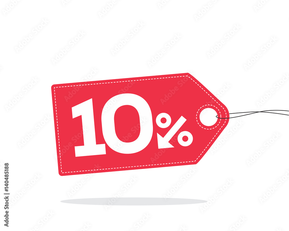 Red price tag label with 10% text designed with an arrow percent icon ...