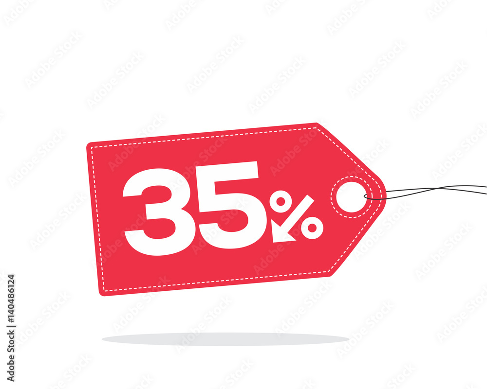 Red price tag label with 35% text designed with an arrow percent icon ...