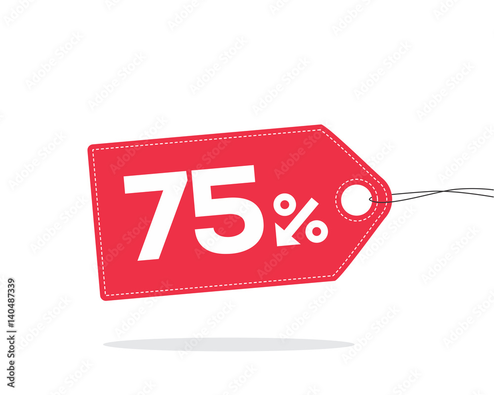 Red price tag label with 75% text designed with an arrow percent icon ...