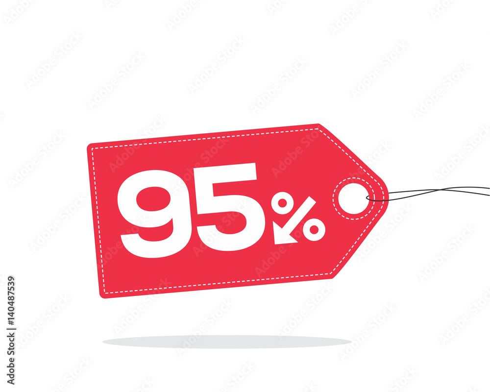 Red price tag label with 95% text designed with an arrow percent icon ...