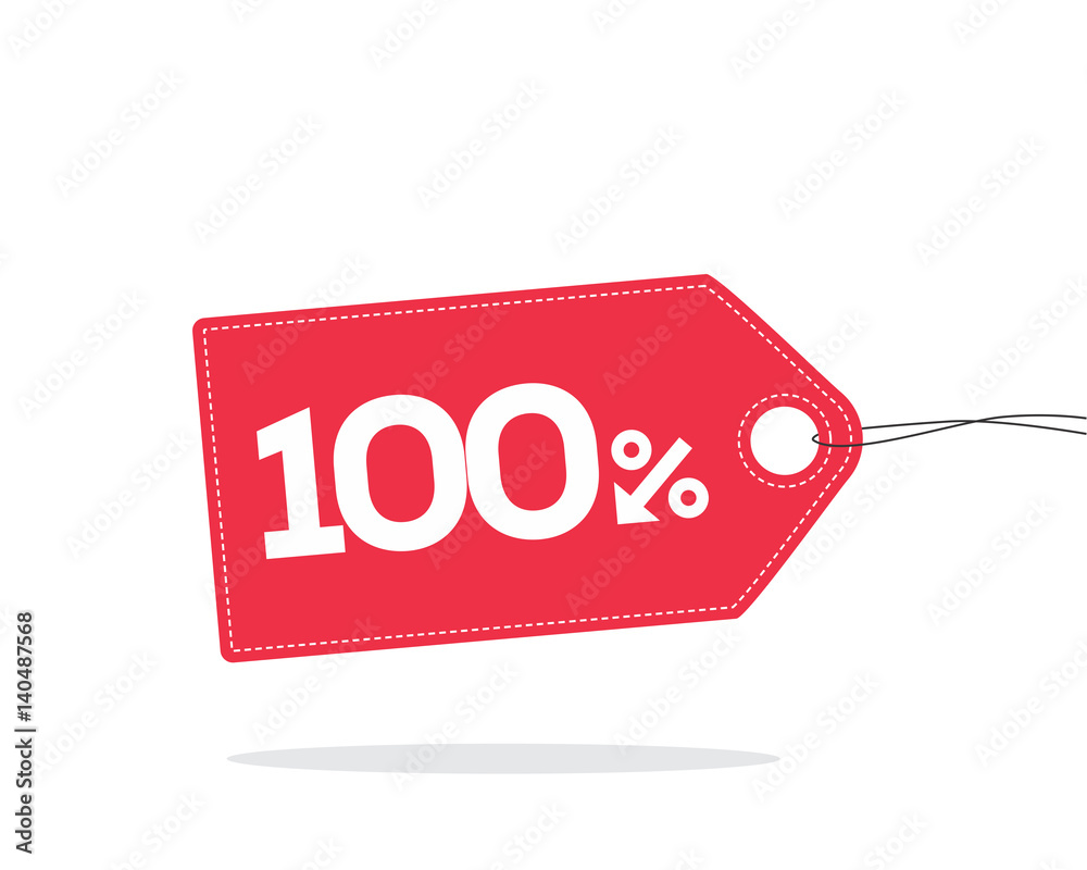 Red price tag label with 100% text designed with an arrow percent icon ...