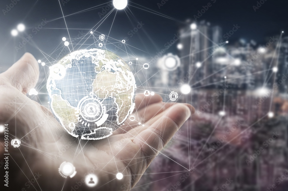 hand holding world with technology design at night city view Stock ...