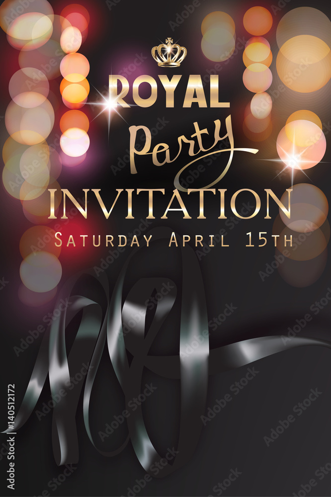 Gold and black Royal party invitation card with defocused lights and ...