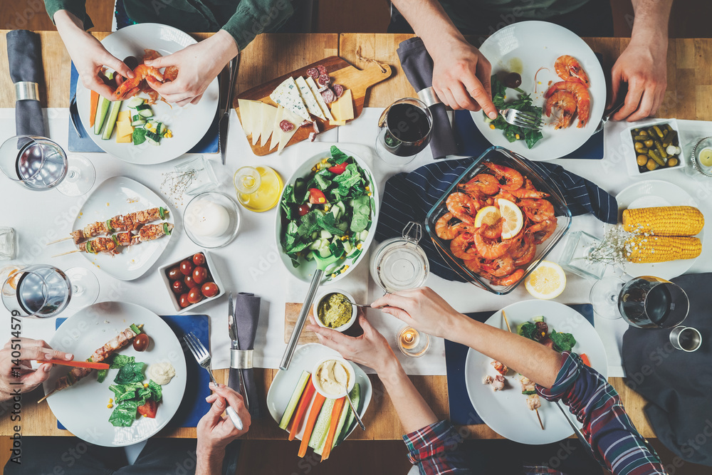Top view of best friends dinning together, happy friends celebrating ...