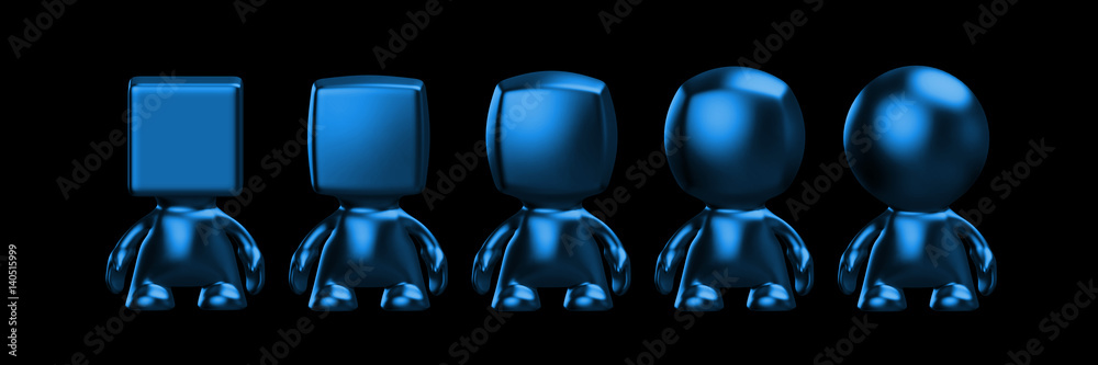 five shiny blue human 3d people with heads shaped from spherical to ...