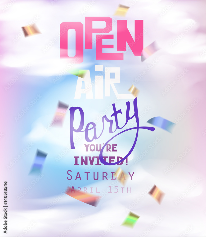 OPEN AIR PARTY background with sky, clouds and confetti. Vector ...