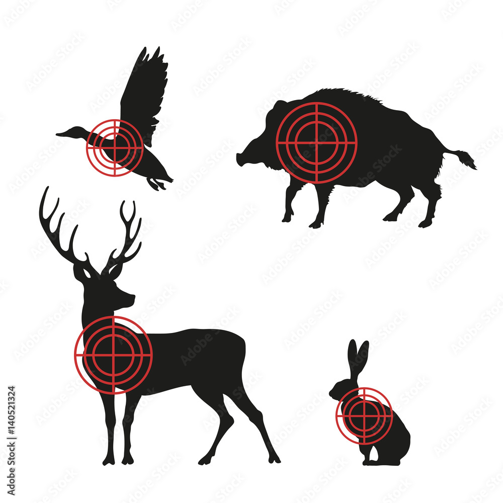 Targets with black silhouettes of animals on a white background ...