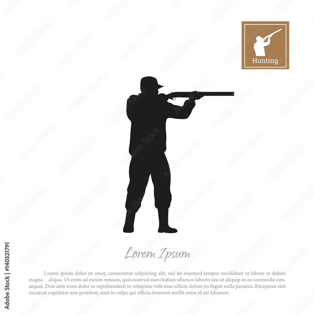 Black silhouette of a hunter on a white background. Man shooting a gun ...