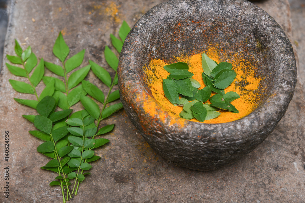 Turmeric a deep orange yellow powder and spices, Kerala India.Used for ...