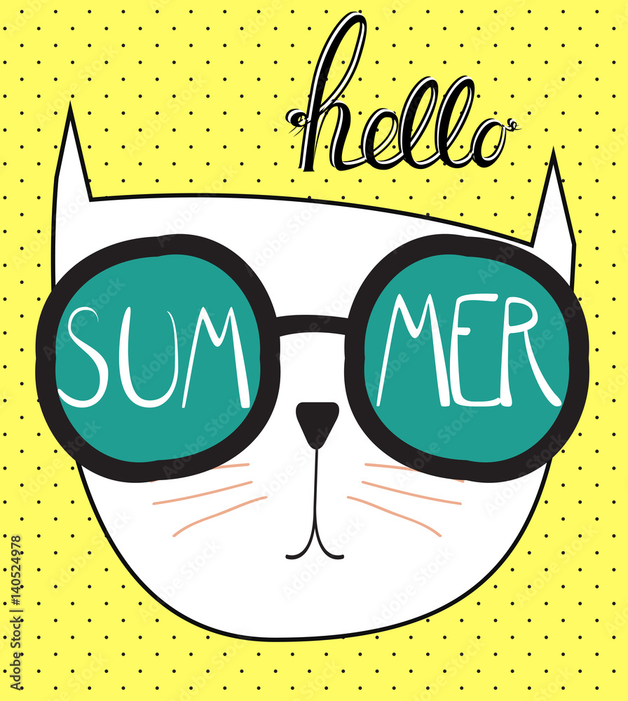 Hello Summer Background with Funny Hand Drawn Cat. Vector Illust Stock ...