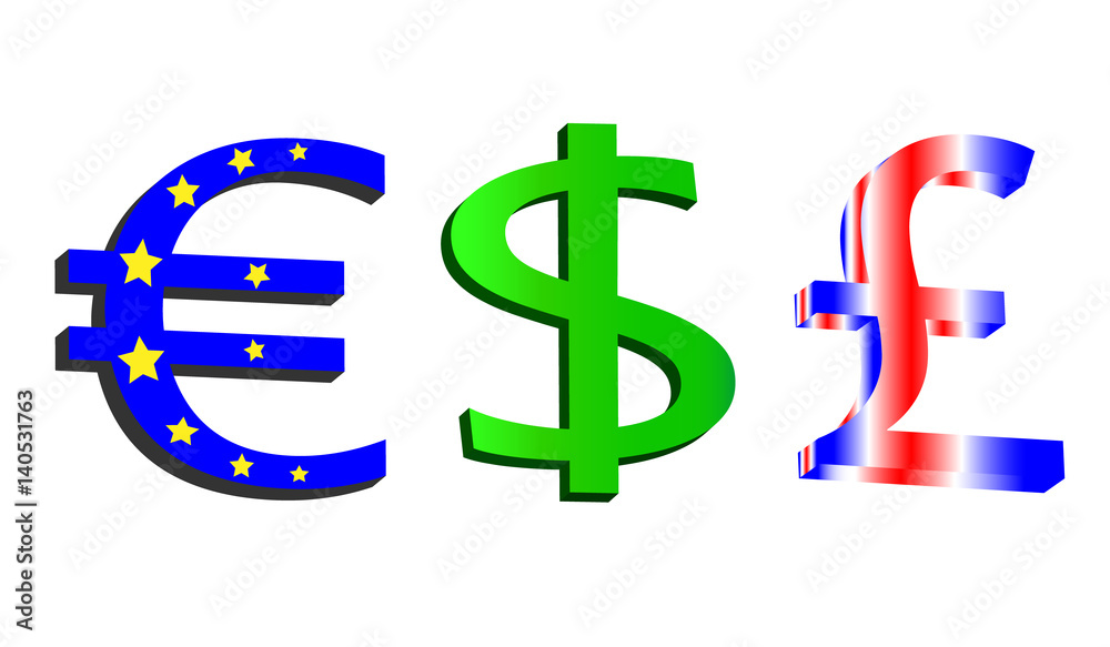 Three types of currency. Euro, dollar, pound isolated on a white ...