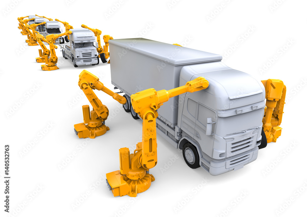 Truck assembly line / 3D render image representing a truck assembly ...