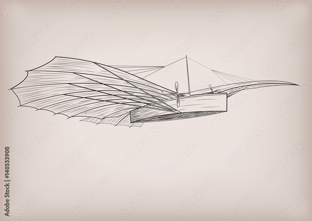 The first plane construction graphic drawing in black line outline ...