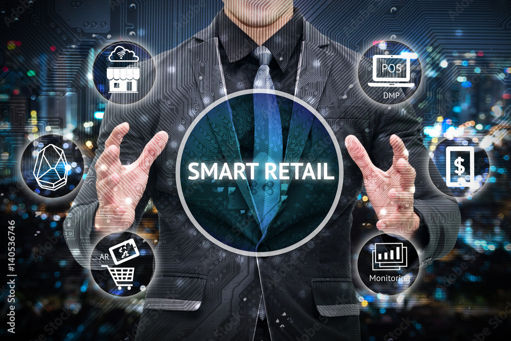 Smart retail and omni channel concept. Man business suit hand ...