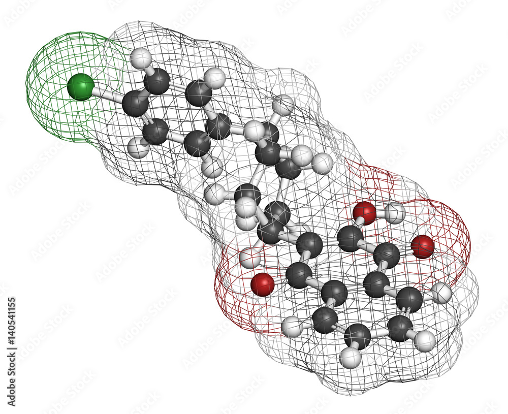 Atovaquone drug molecule. 3D rendering. Atoms are represented as ...