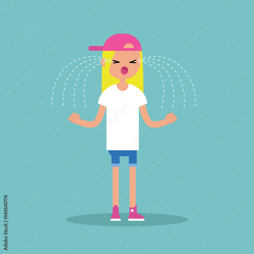Young loudly crying blond girl clenching her fists / editable cartoon ...