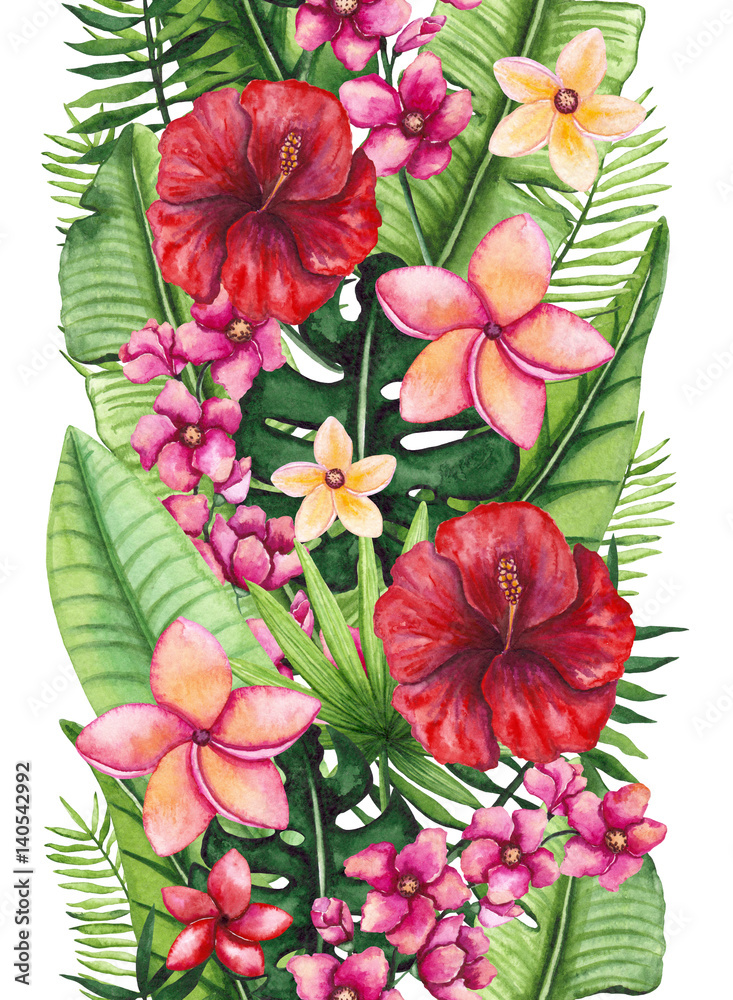Tropical Seamless Border of Watercolor Flowers and Leaves Stock ...