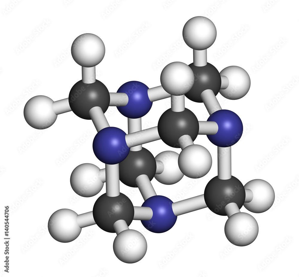 Methenamine molecule. Uses as an antiseptic drug and in solid fuel ...