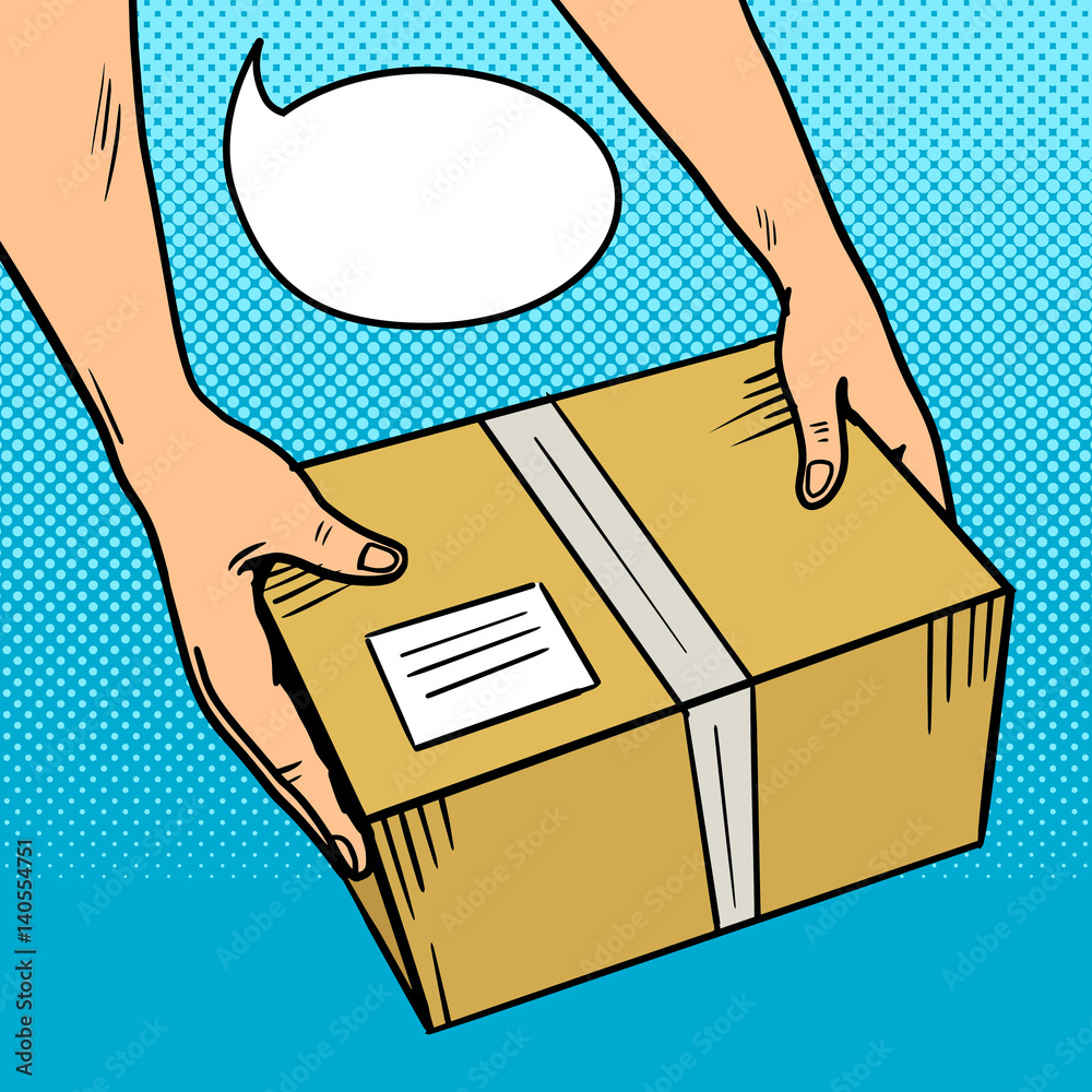 Hands give package in box pop art vector Stock Vector | Adobe Stock