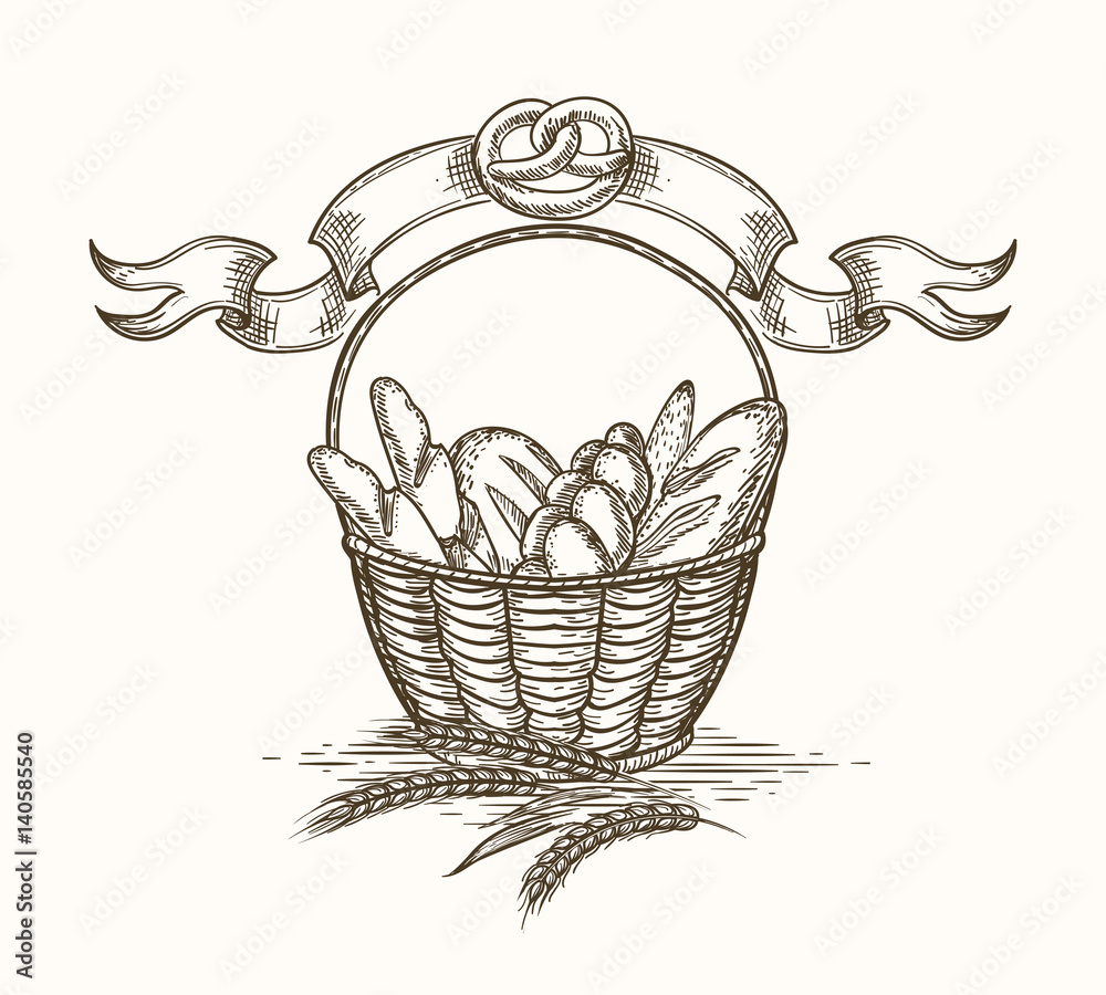 Wheat bakery basket vector sketch. Freshly baked bread box hand drawn ...