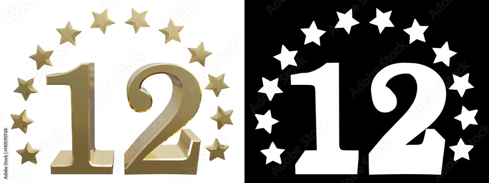 Gold number twelve, decorated with a circle of stars. 3D illustration ...