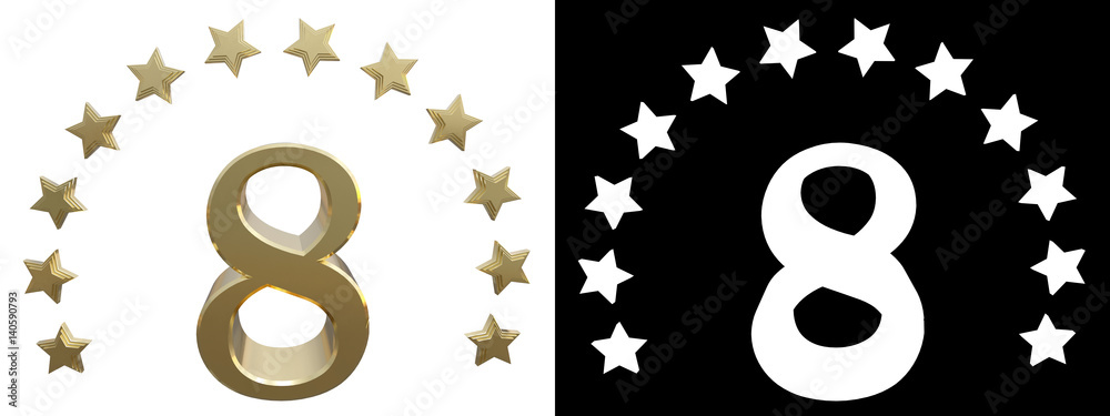 Gold number eight, decorated with a circle of stars. 3D illustration ...