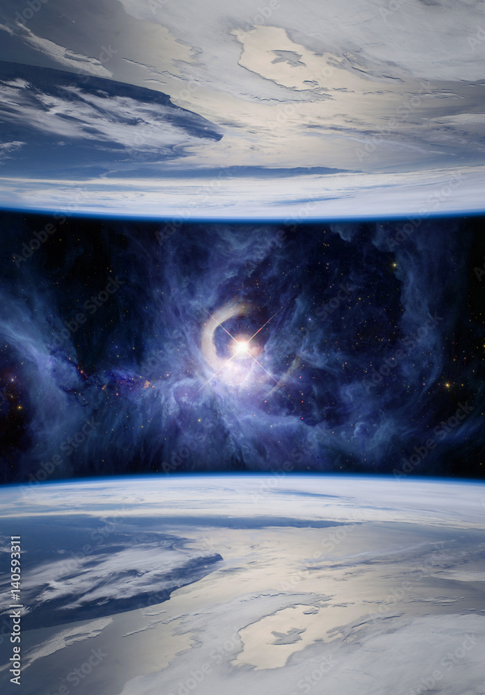 Fantasy image of mirrored Earths symbolizing parallel universes. The ...