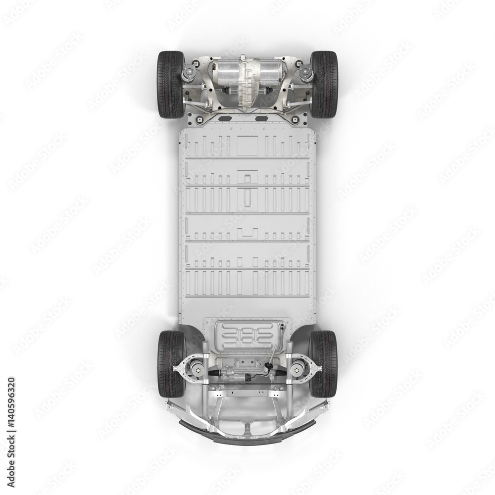Electric car chassis with battery on white. Top view. 3D illustration ...
