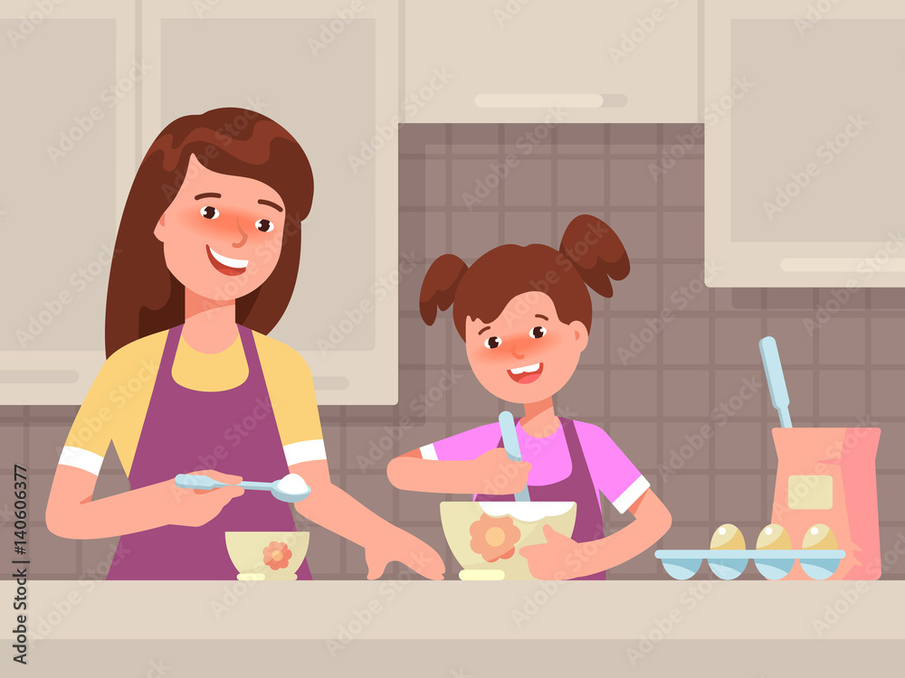 Happy Mother And Daughter Cooking Food Together In The Kitchen Vector