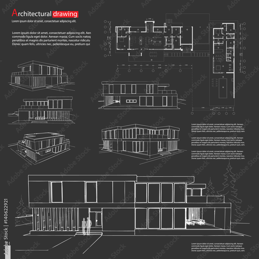 Blueprint drawing of 3D building. Vector architectural template ...