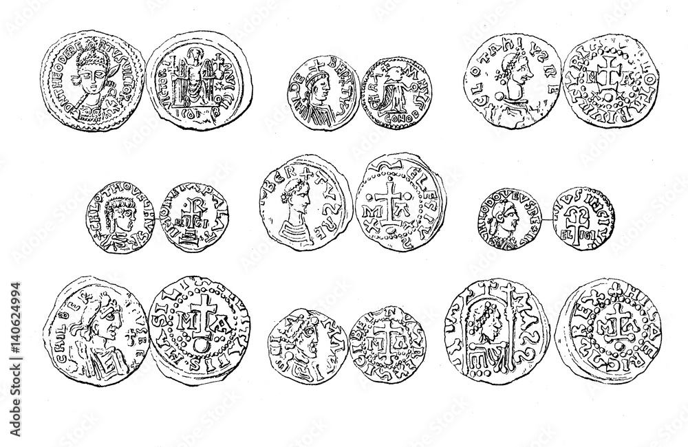 Vintage engraving of medieval coins of the Merovingian dinasty, V ...