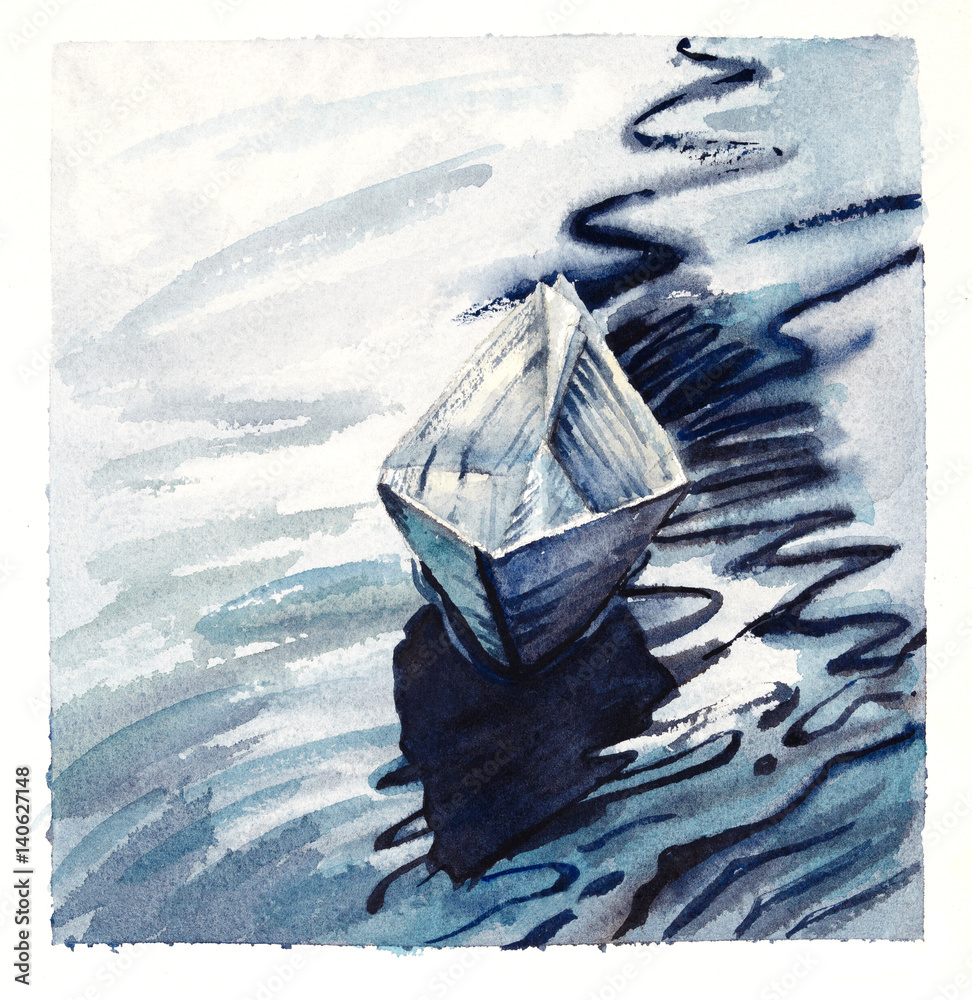 Paper boat, water backdrop. Hand drawing watercolor illustration. Stock ...