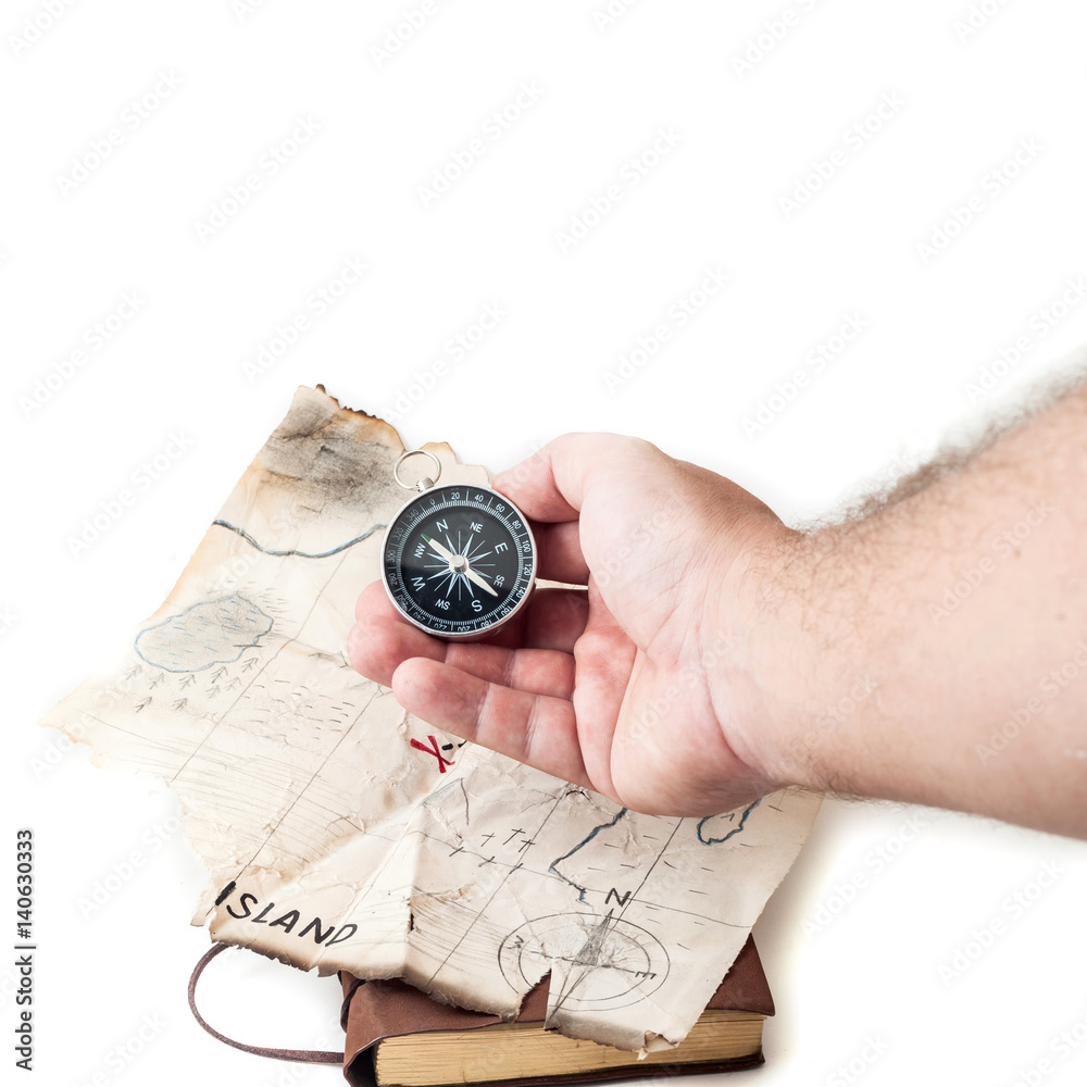 Man hold compass in front of old damage Fake map with diary Stock Photo ...
