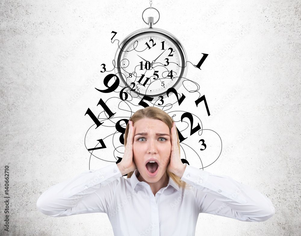 Stressed woman and broken clock Stock-Foto | Adobe Stock