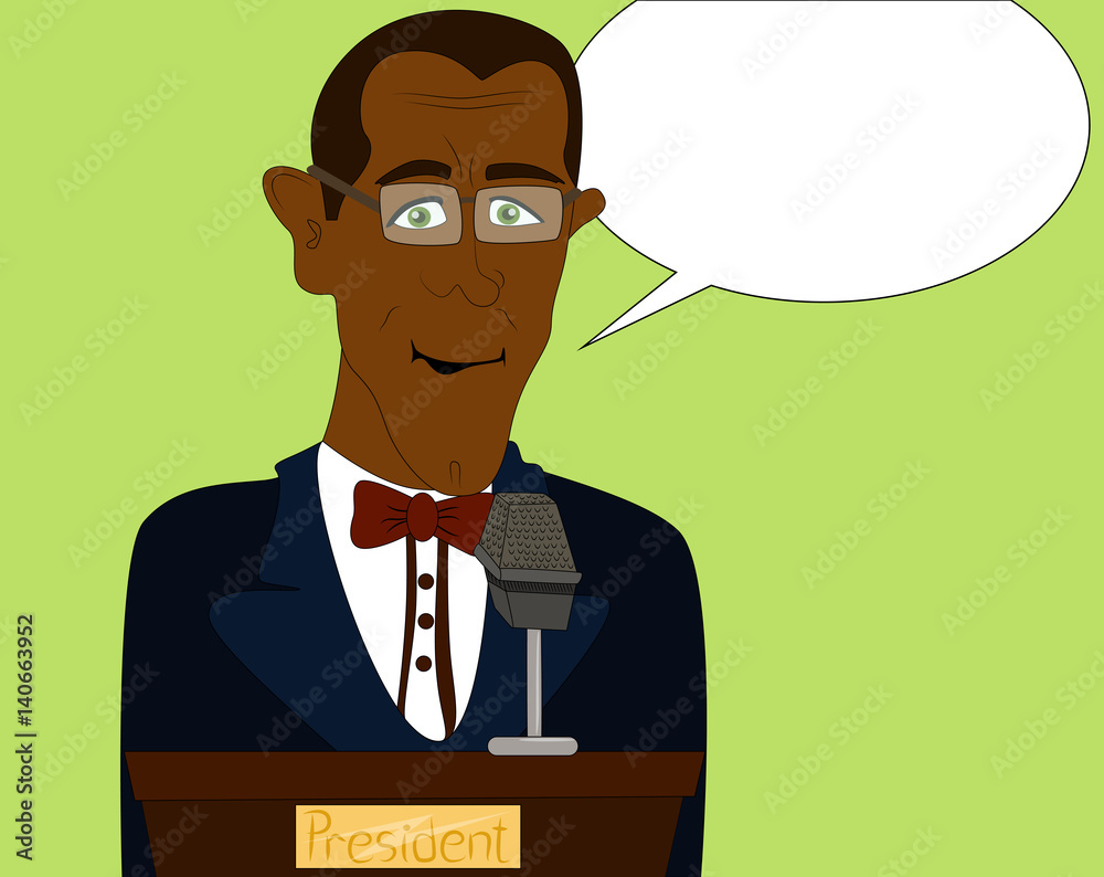Cartoon Afro American president giving a speech on a podium. Stock ...