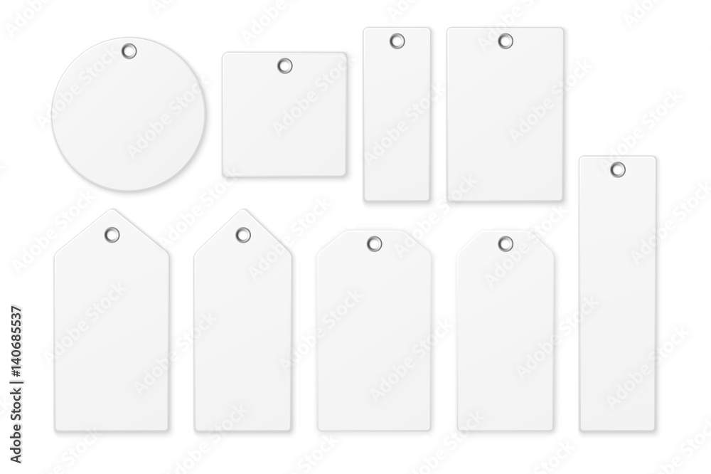 Realistic vector white blank tag icon set isolated on white background ...