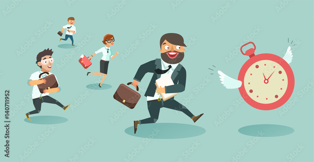 Crowd of businessmen running race. Workers run after the clock Stock ...