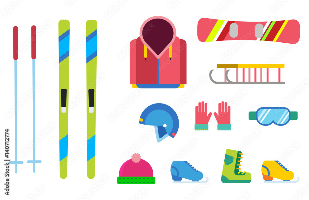 Winter sport vector icons set ski snowboarding clothes tool elements ...