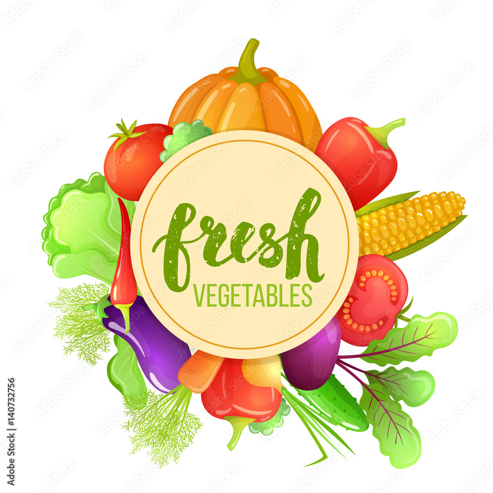 Colorful cartoon set of vegetables icons. Eco organic fresh template ...