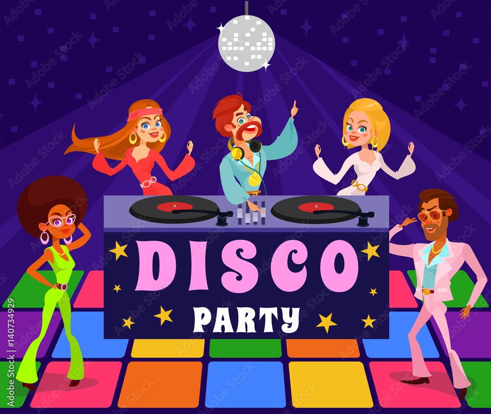 Vector cartoon retro illustration of a man and a woman in a disco club ...