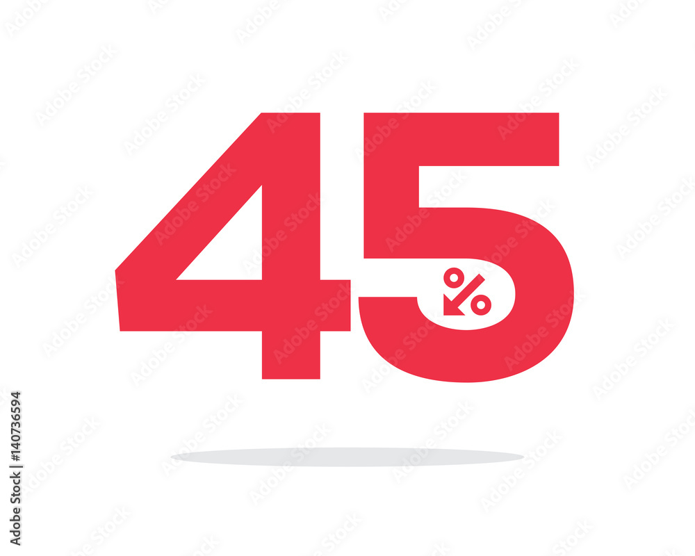 Vector red 45% text designed with an arrow percent icon on air with ...