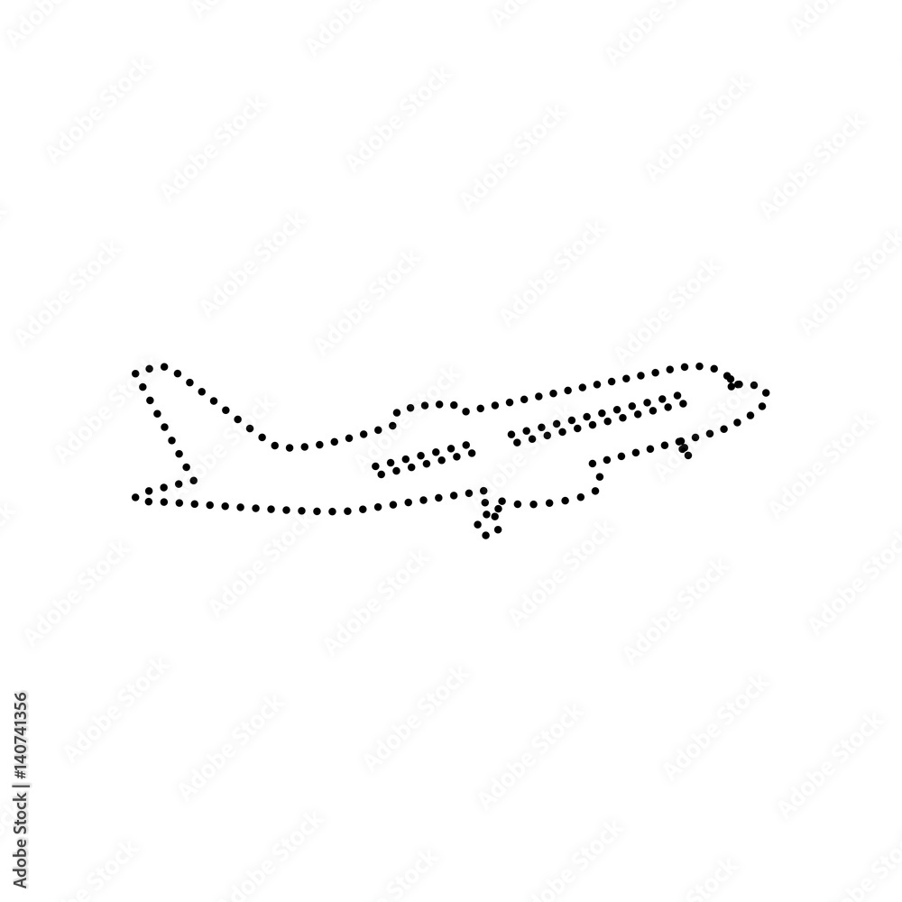 Flying Plane sign. Side view. Vector. Black dotted icon on white ...