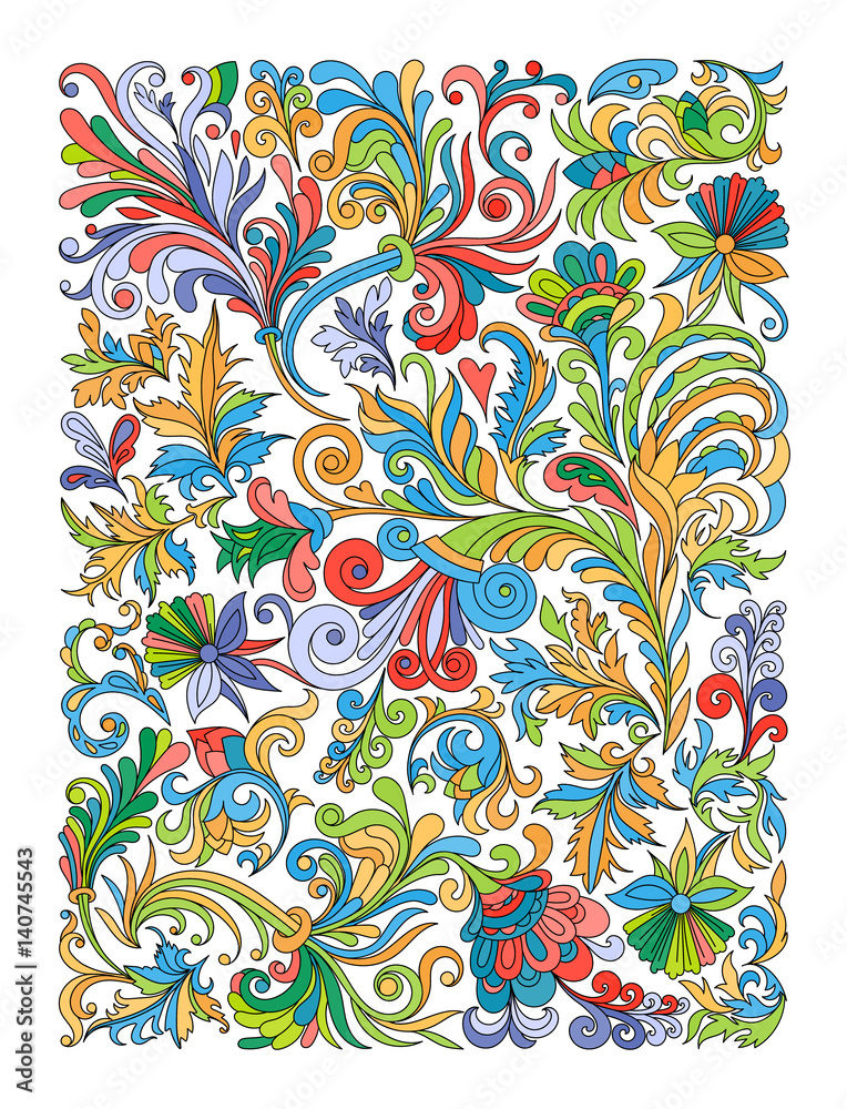 Ethnic colored floral zentangle, doodle background pattern rectangle in ...