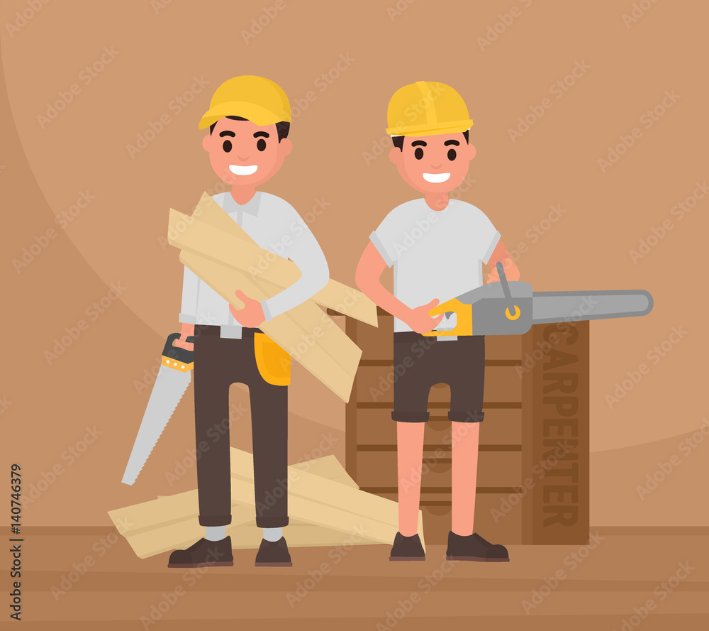 Two happy carpenters stand with tools. Vector foreman, joiner ...