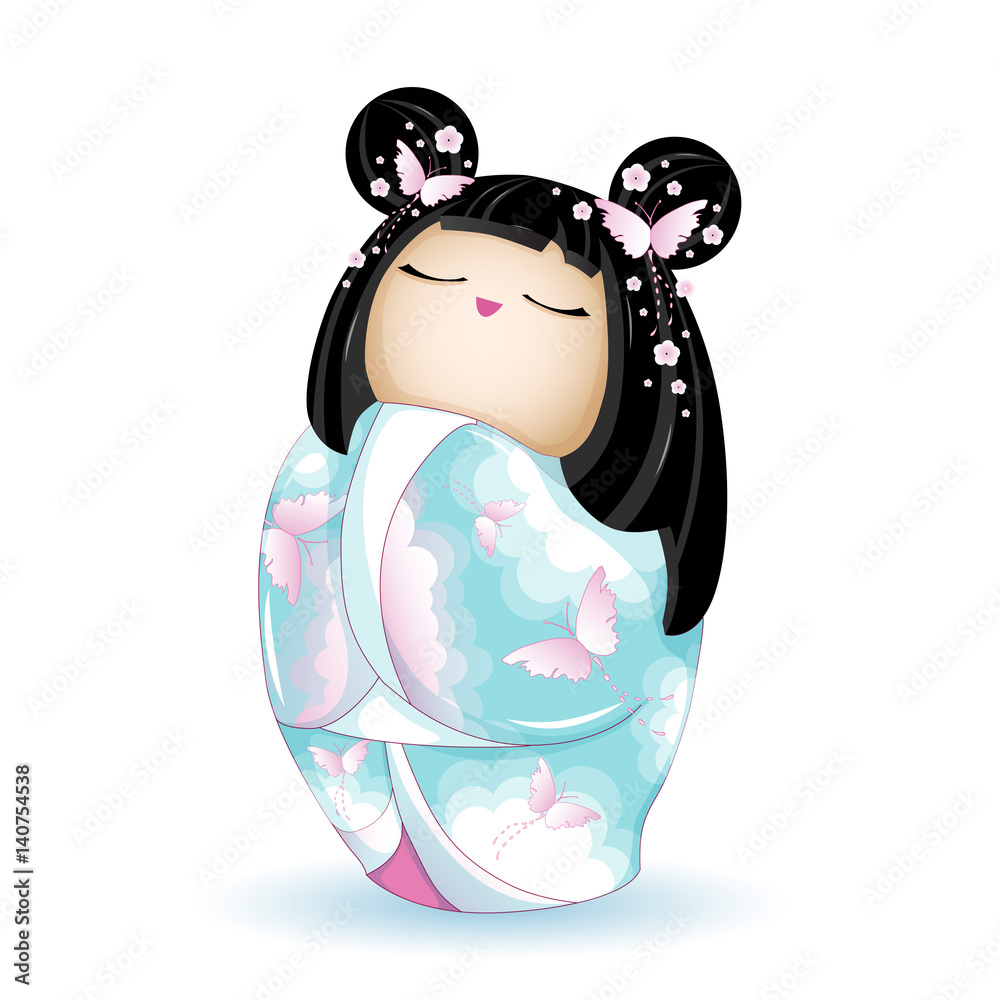 Japan National kokeshi doll in blue kimono with a pattern of pink ...