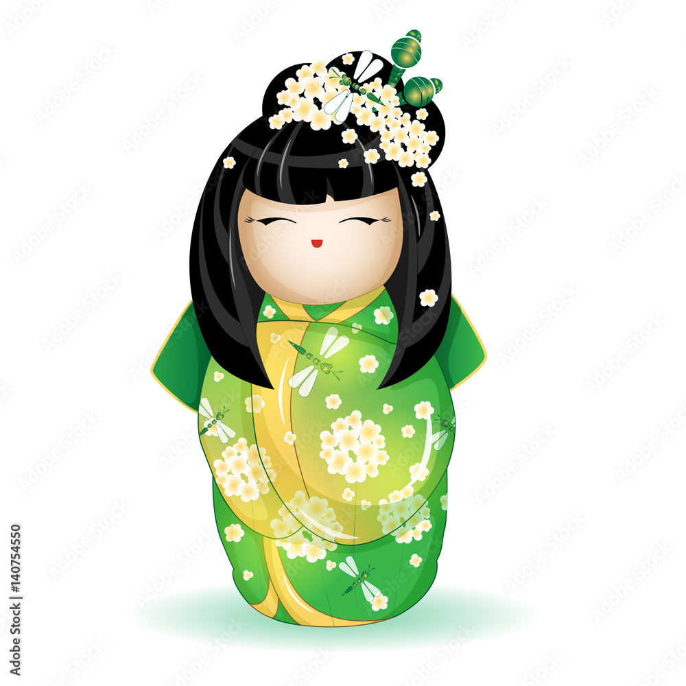 Japan National kokeshi doll in a green kimono with a pattern of white ...
