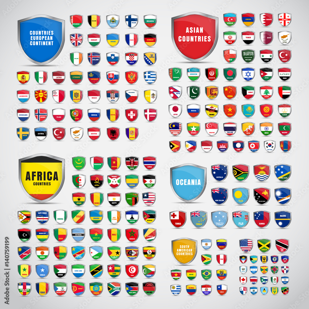 Big set of shields with the flags of the countries of South and North ...