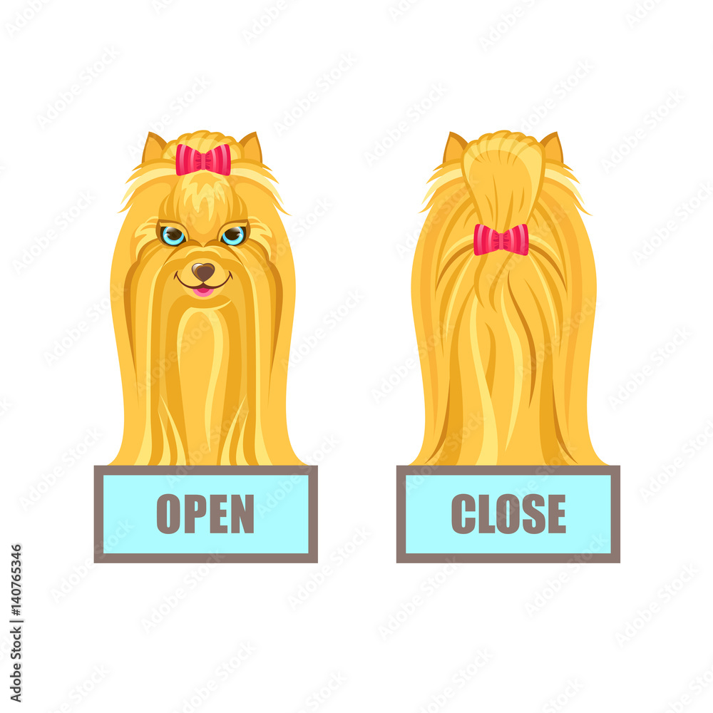Vector colorful illustration of a cute little dog with open and closed ...