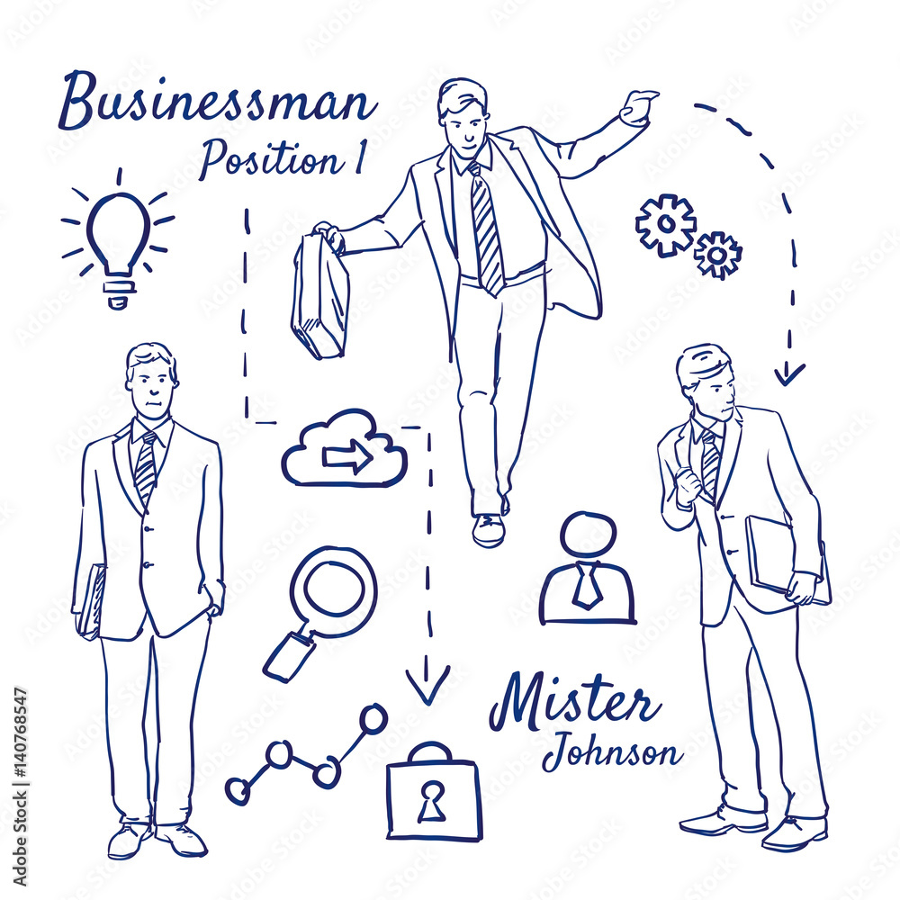 Doodle set of Business Man Positions ans Icons - light, cloud, lupe ...