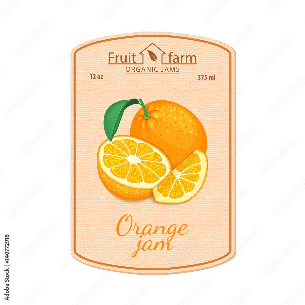 Vector orange jam lable. Composition of tropical orange fruits. Design ...